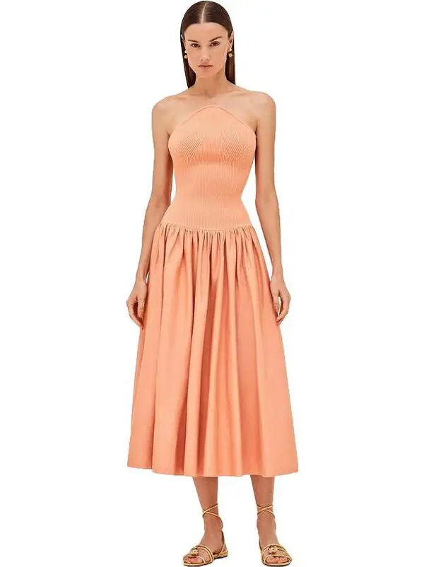 Alexis Kamali Strapless Ribbed Bodice Dress - Red / Orange