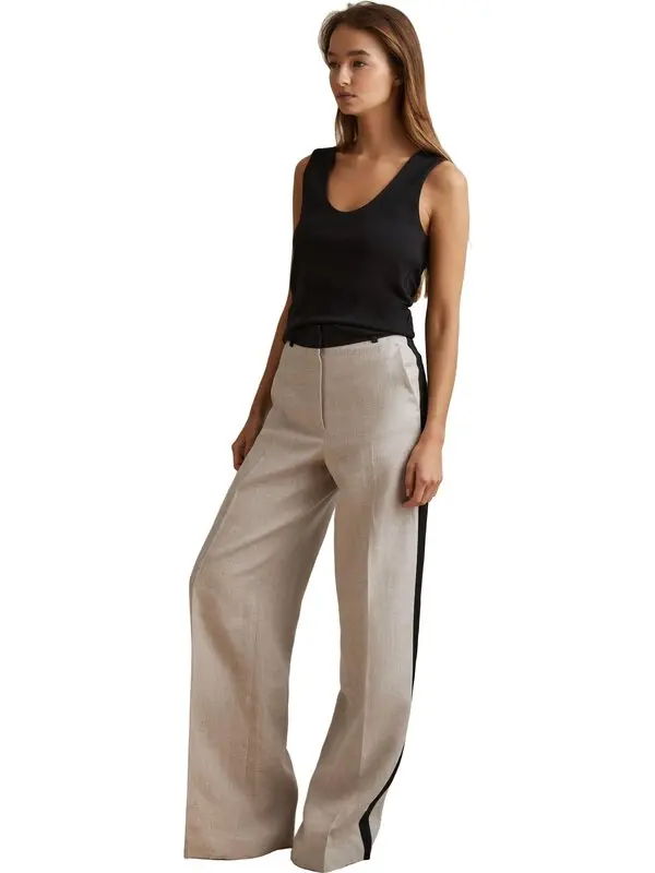 REISS Luella Colorblock Linen Wide Leg Trousers - Neutral