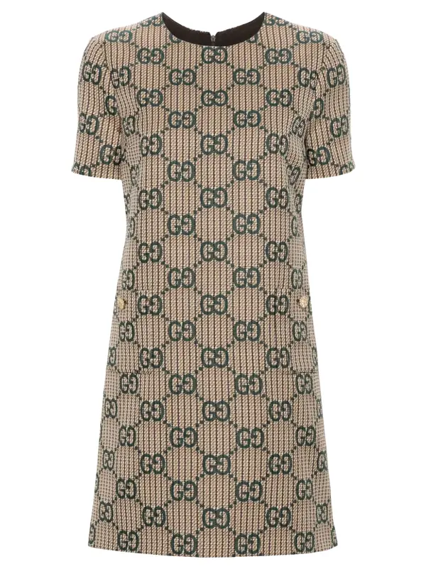 Gucci Gg-jacquard Wool Dress - Neutrals