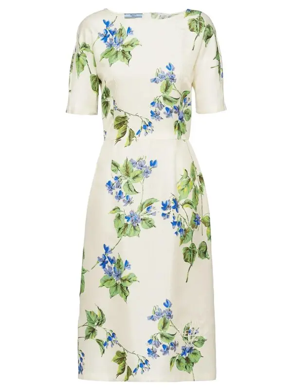 Prada Floral-print Twill Dress - Neutrals