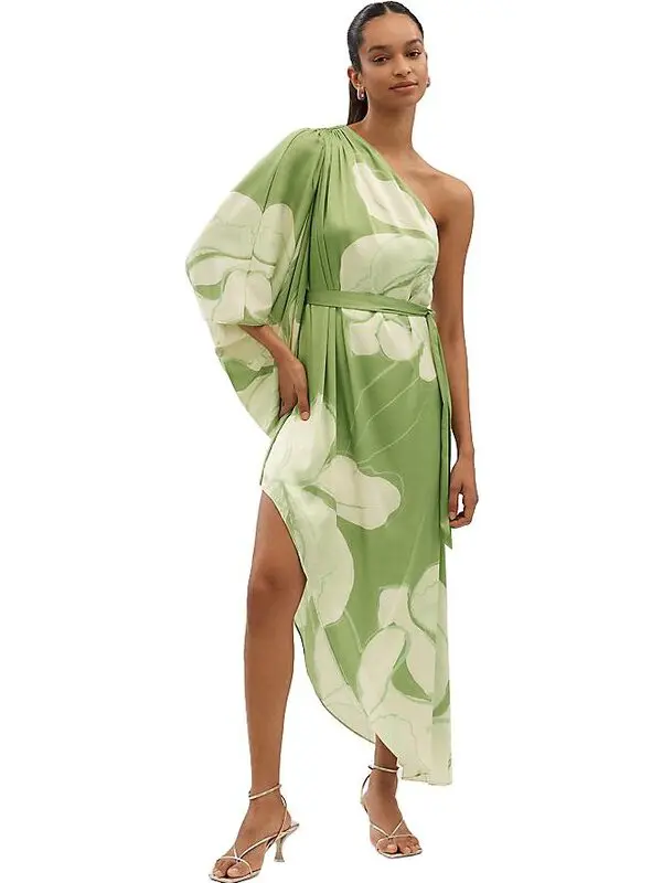 HUTCH Stretch Satin One-shoulder Maxi Dress - Green Print