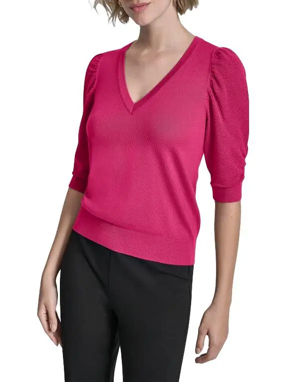 Dkny Puff Sleeve V-neck Sweater - Hot Pink
