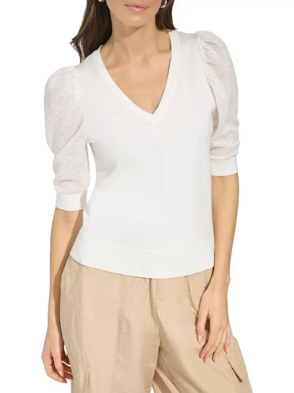Dkny Puff Sleeve V-neck Sweater - Ivory