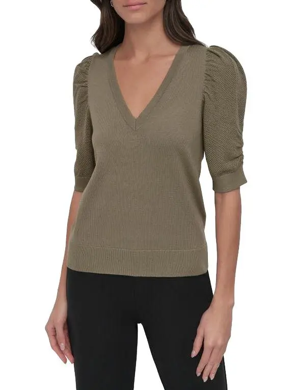 Dkny Puff Sleeve V-neck Sweater - Utility Green