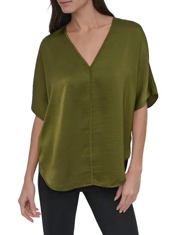 Dkny Short Sleeve Woven Top - Dark Olive