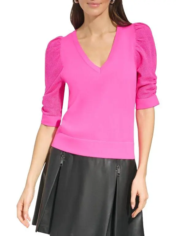 Dkny Puff Sleeve V-neck Sweater - Shocking Pink