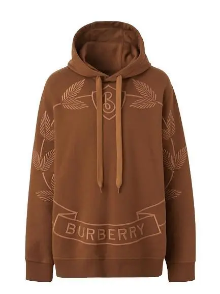 Burberry Embroidered Oak Leaf Crest Cotton Hoodie - Dark Birch Brown