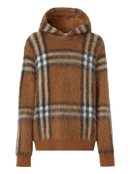Burberry Exaggerated Check Wool-mohair Blend Hoodie - Dark Birch Brown