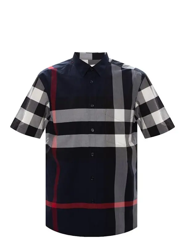 Burberry Checked Short Sleeve Shirt - Navy Blue