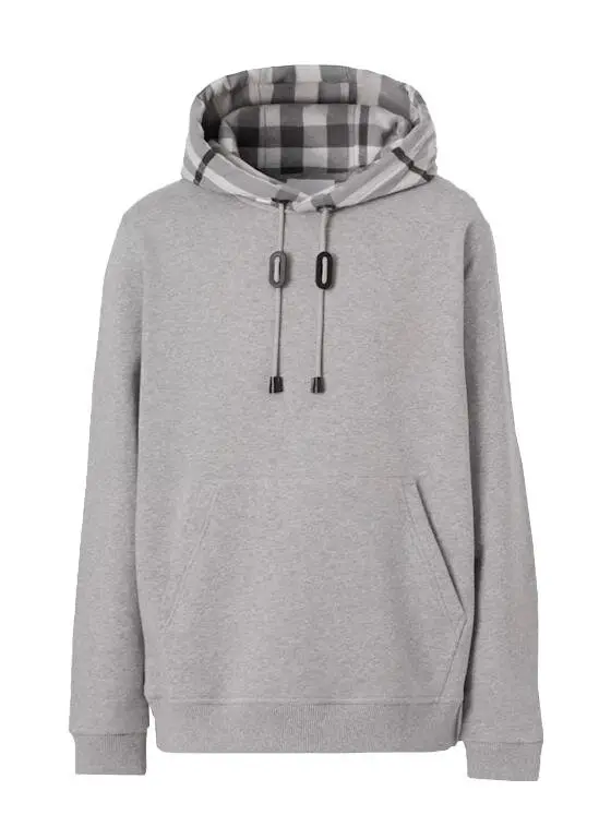 Burberry Check Hood Cotton Hoodie - Pale Grey Melange
