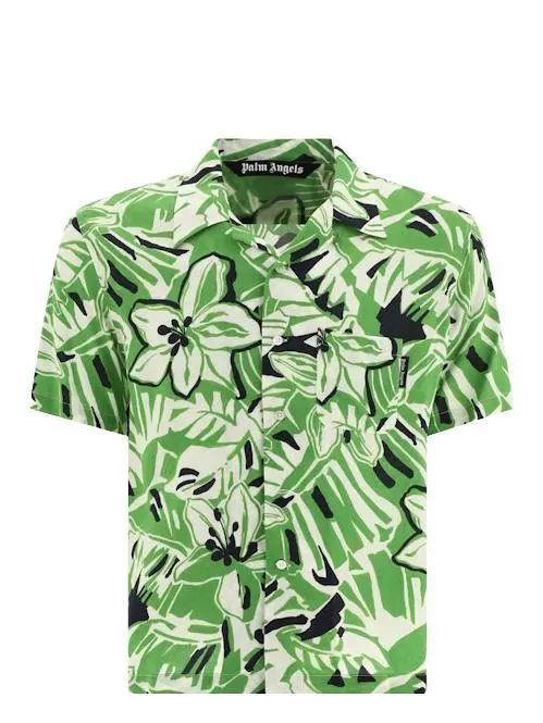 Palm Angels Macro Hibiscus Floral Print Shortsleeved Shirt - Green/white