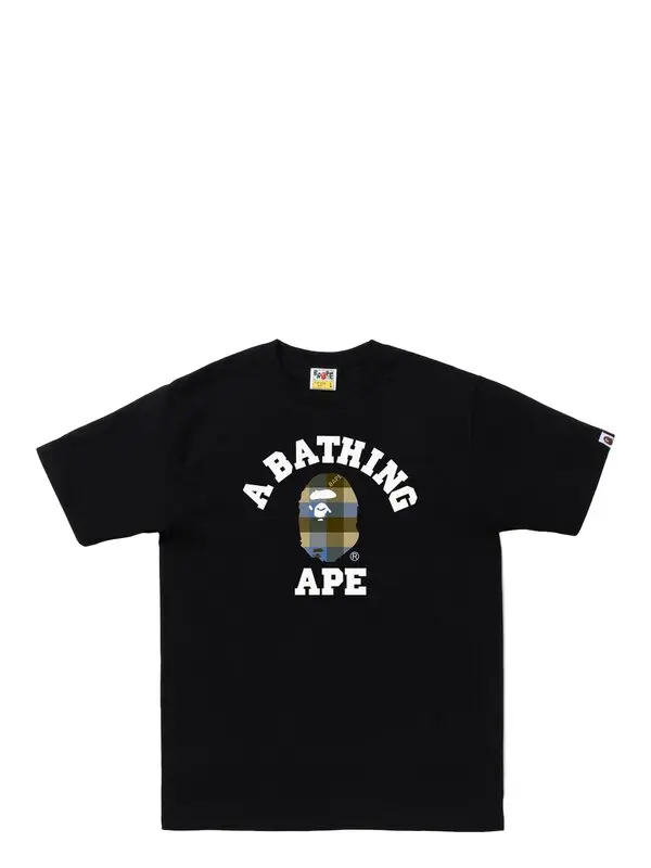 A BATHING APE Block Check College Tee Shirt - Black Beige