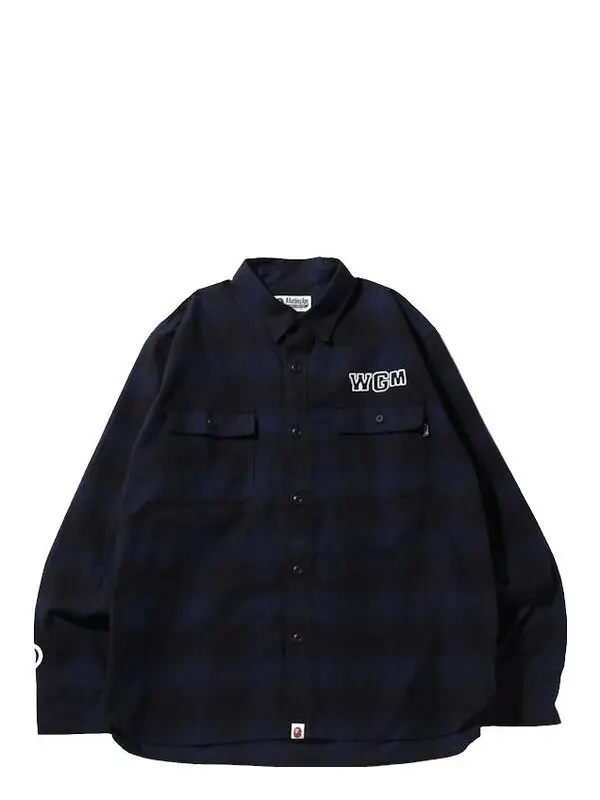A BATHING APE Check Shark Relaxed Fit Flannel Shirt - Navy Blue