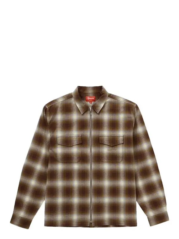 Supreme Shadow Plaid Flannel Zip Up Shirt - Brown