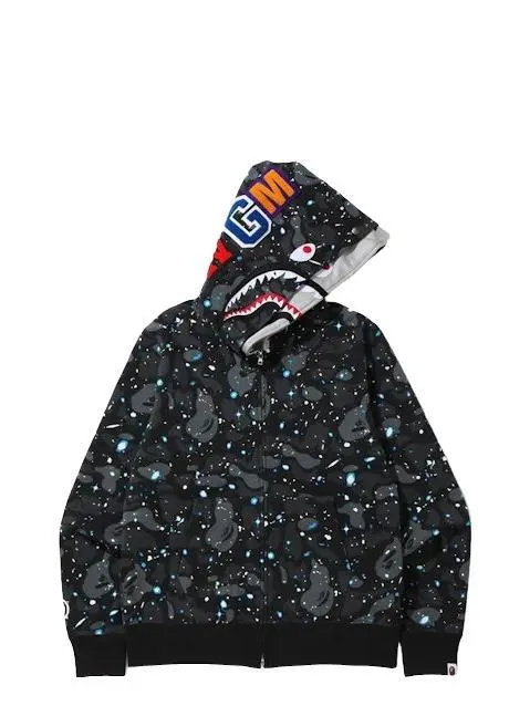 BAPE Space Camo Shark Full Zip Double Hoodie - Black