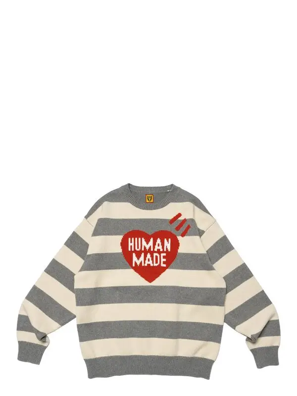 HUMAN MADE Striped Heart Knit Sweater - Grey