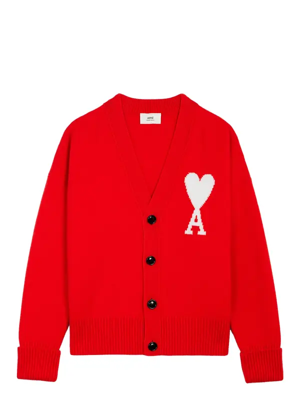 Ami De Coeur Merino Wool Oversize Cardigan - Red/white
