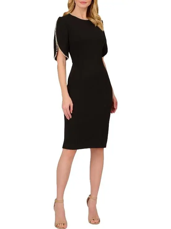 Adrianna Papell Imitation Pearl Detail Crepe Sheath Dress - Black