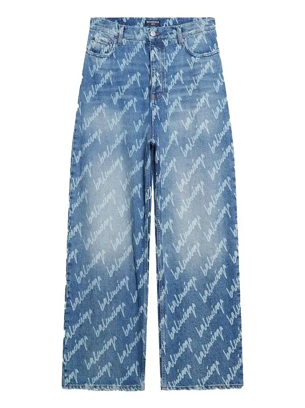 Balenciaga All Over Logo Large Fit Denim Trousers - Indigo/white