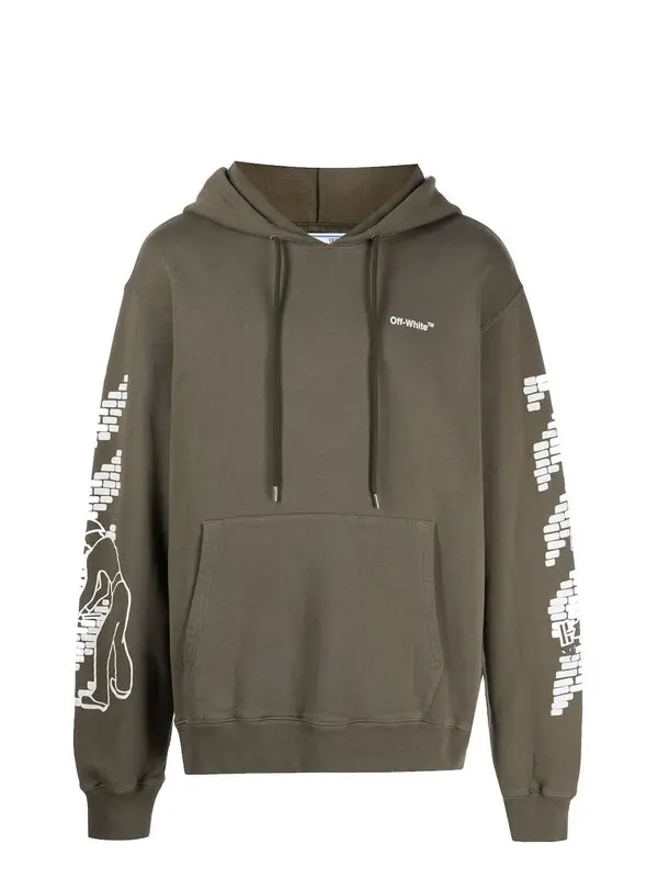 Off-White Bricks Print Drop Shoulder Hoodie - Military Green