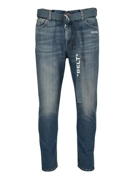 Off-White Belted Slim Fit Jeans - Medium Blue/white