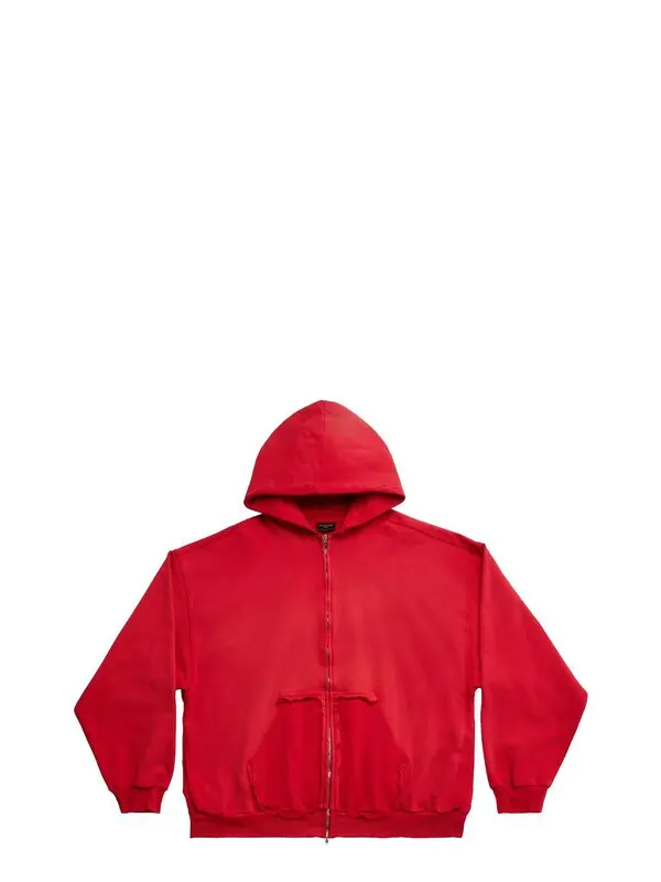 Balenciaga Tape Type Ripped Pocket Zip-up Large Fit Hoodie - Red
