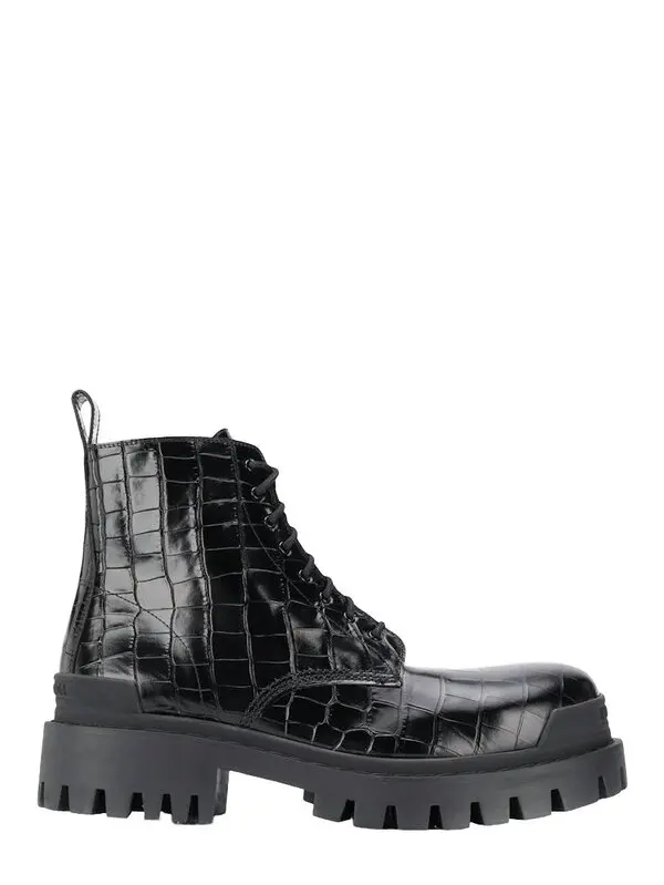 Balenciaga Strike 20mm Croc Embossed Lace Up Boot - Black