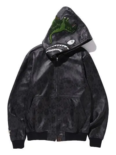 BAPE X Coach Leather Shark Zip Up Hoodie Jacket - Black