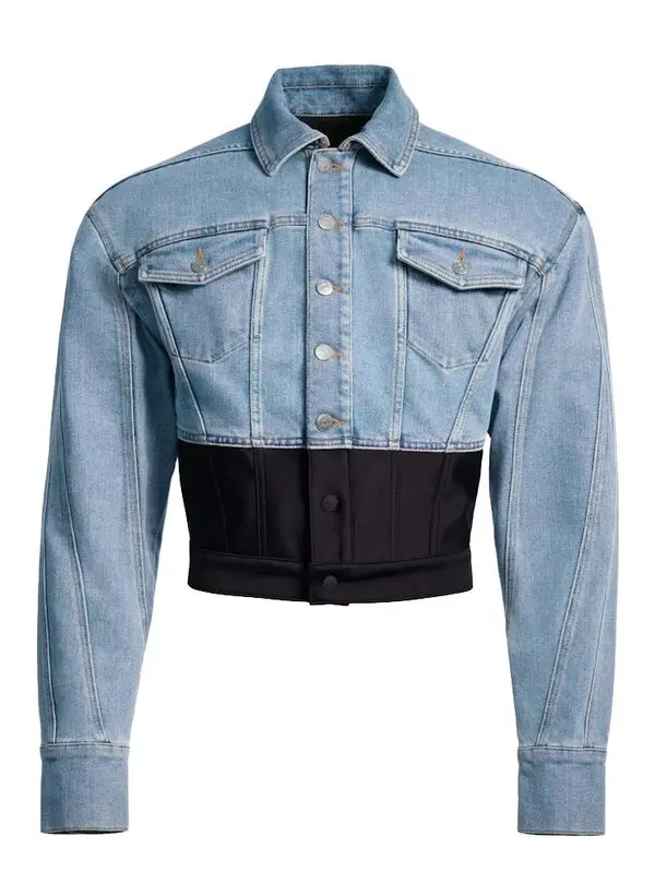 MUGLER Defined-waist Denim Jacket - Light Denim Blue/black