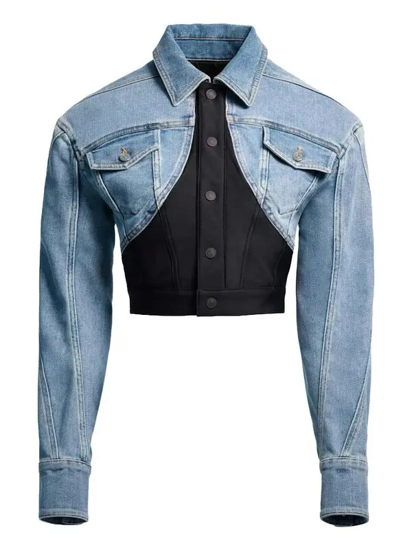 MUGLER Defined-waist Denim Crop Jacket - Light Denim Blue/black