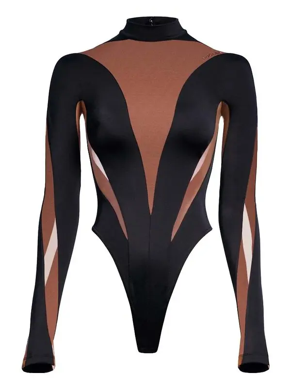 MUGLER Mesh-paneled Bodysuit - Dark Brown/black