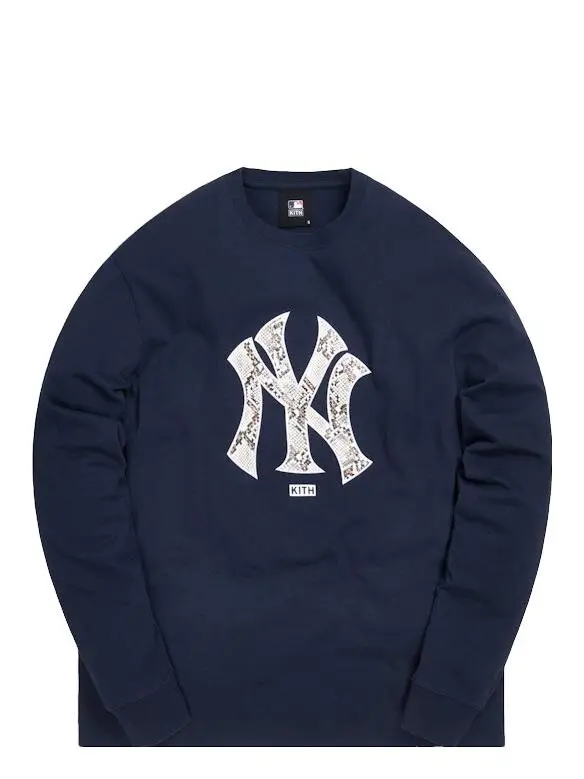 Kith For Major League Baseball New York Yankees Snake Logo Long Sleeve Tee Shirt - Navy Blue