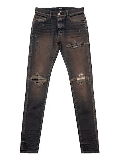 Amiri Mx1 Plaid Distressed Skinny Fit Jeans - Dark Indigo