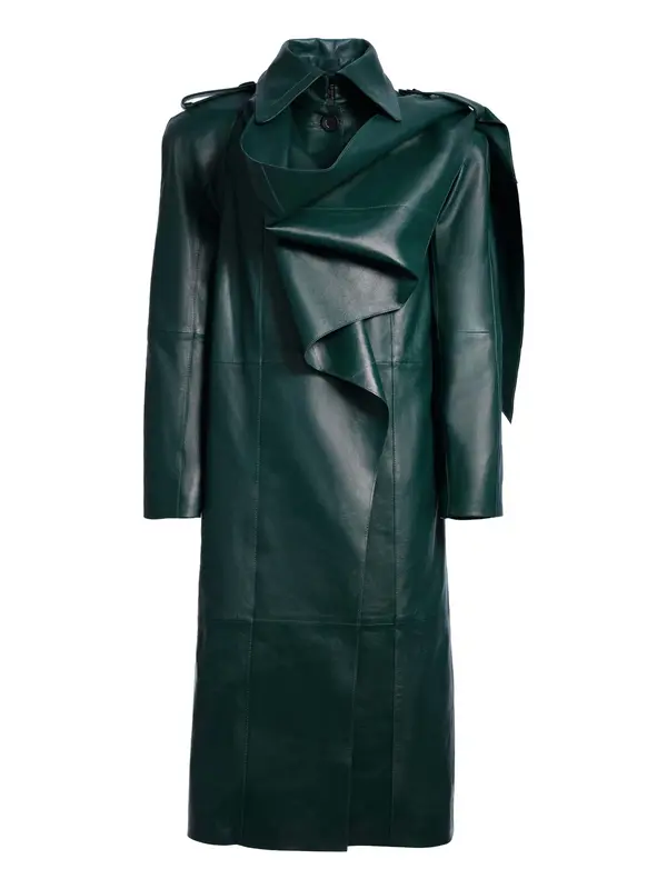 MUGLER Leather Trench Coat With Scarf - Dark Green