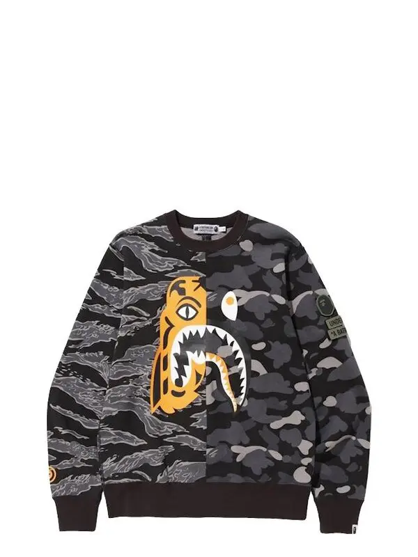 BAPE X Undefeated Tiger Shark Half Crewneck Sweatshirt - Black