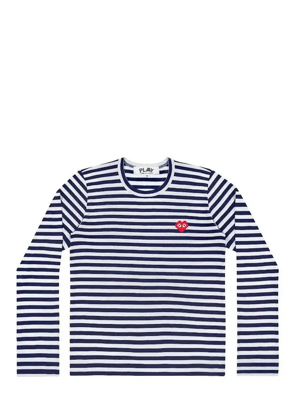 Play Comme Des Garcon X Invader Striped Long Sleeve T-shirt - Navy Blue White