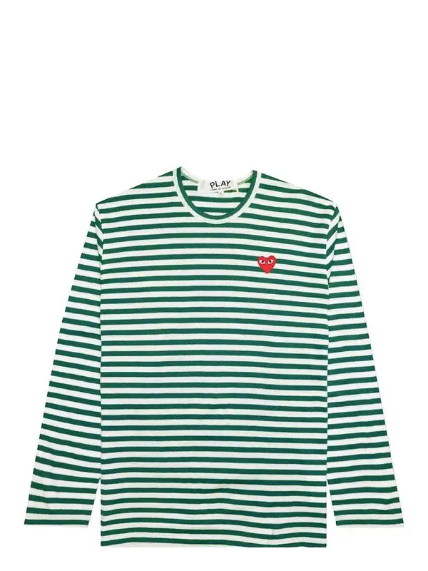 Play Comme Des Garcon Big Red Heart Striped Long Sleeve T-shirt - Green/white