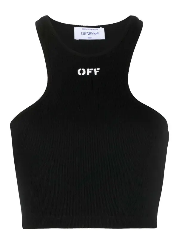 Off-White Logo-print Ribbed-knit Racerback Top - Black