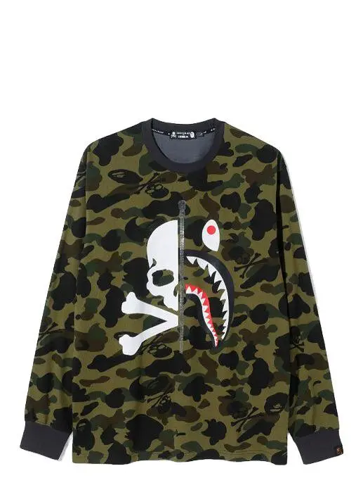 A BATHING APE Vs Mastermind Half Skull Half Shark Mmb Split Panel Camo Longsleeve Tee Shirt - Green/black
