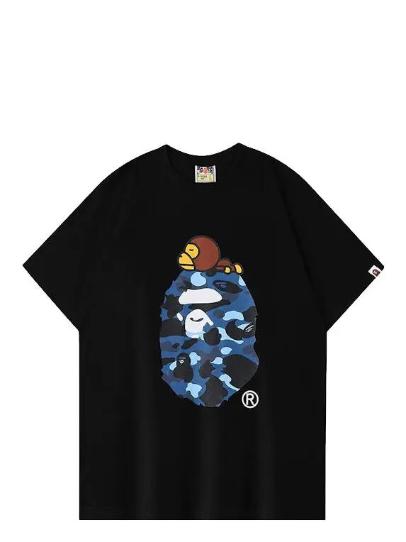 A BATHING APE Camo Milo On Big Ape Tee Shirt - Black/navy Blue