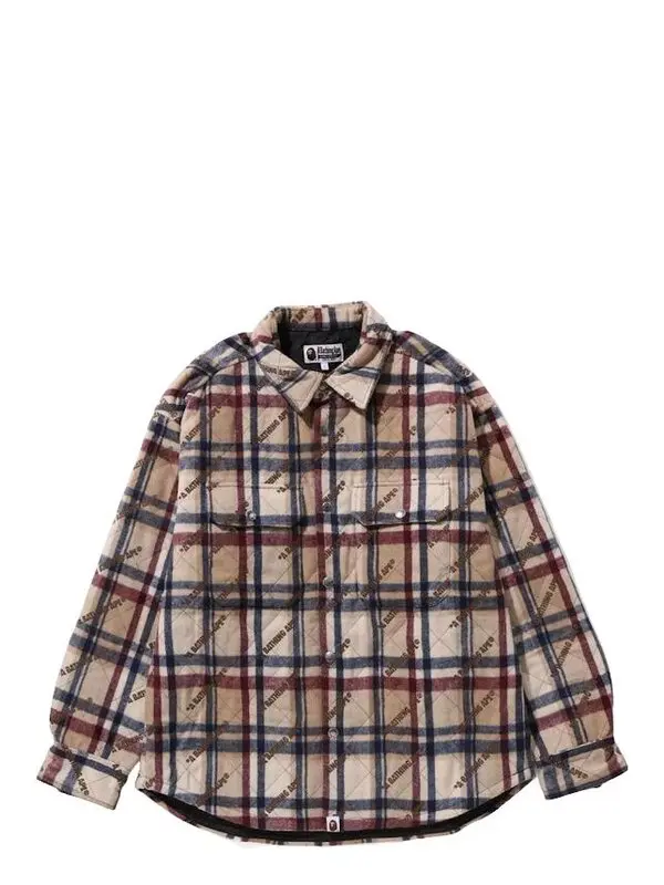 A BATHING APE Logo Check Pattern Padded Flannel Shirt Jacket - Beige