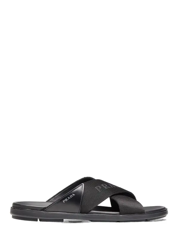 Prada Nylon Tape Crisscross Leather Slides - Black