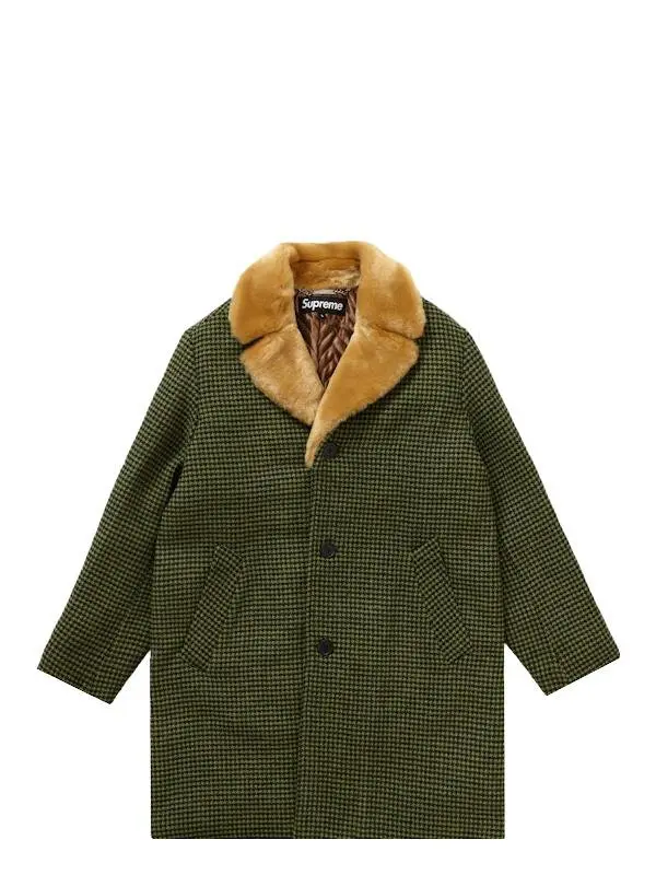 Supreme Fur Collar Car Coat - Green Houndstooth