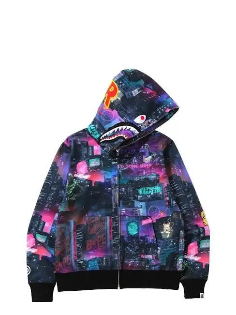 BAPE Neon Tokyo Shark Wide Full Zip Hoodie - Black