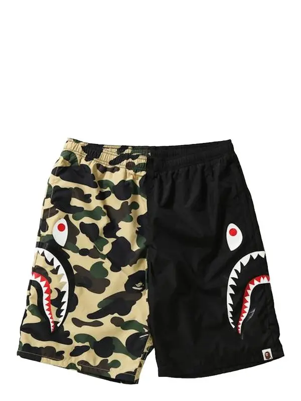 A BATHING APE 1st Camo Half Shark Beach Shorts - Black/yellow