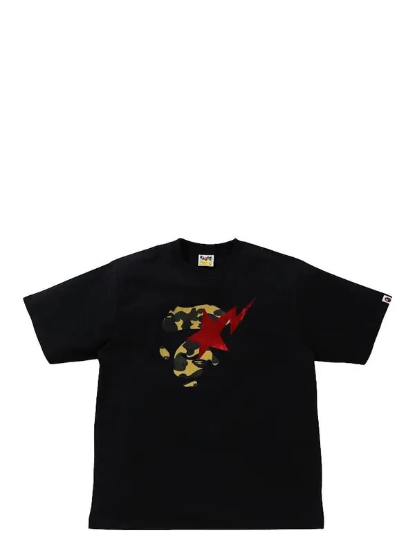 A BATHING APE 1st Camo Ape Face Sta Relaxed Fit Tee Shirt - Black/yellow