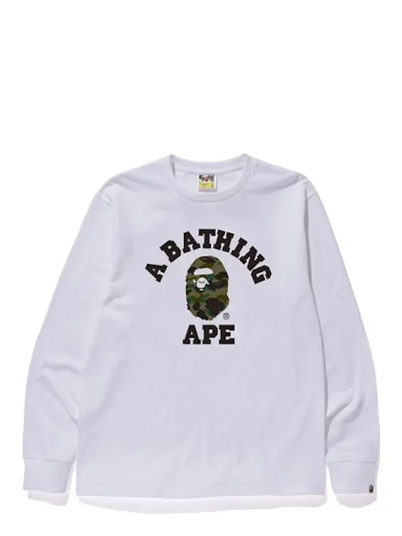 A BATHING APE 1st Camo College Long Sleeve Tee Shirt - White/green