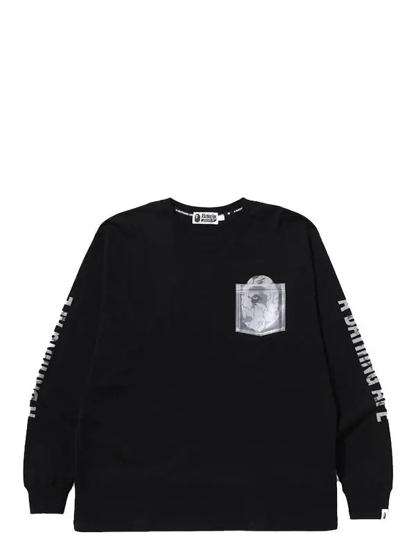 A BATHING APE Reflective Solid Camo Ape Head Relaxed Fit Pocket Long Sleeve Tee Shirt - Black