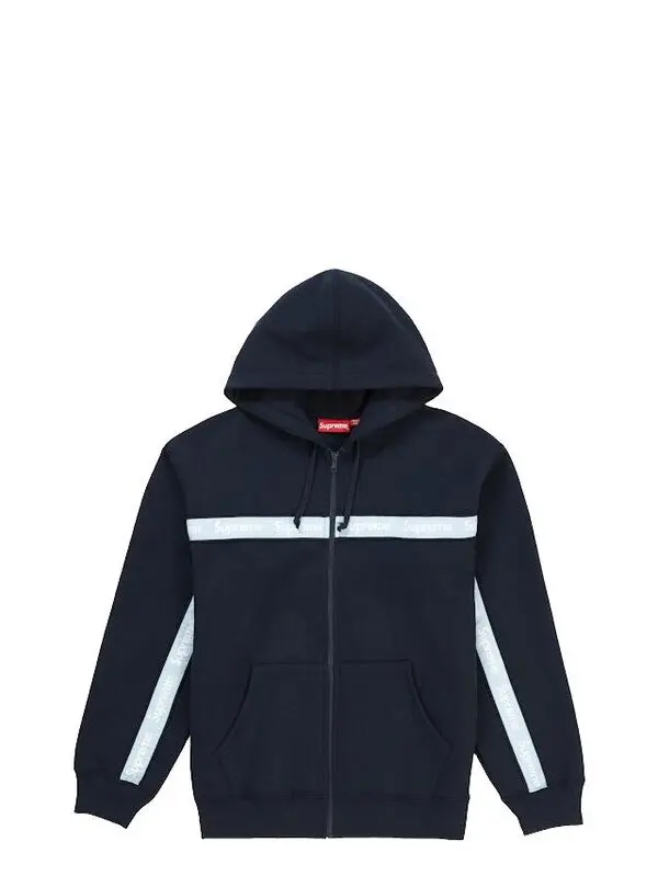 Supreme Text Stripe Zip Up Hooded Sweatshirt - Navy Blue
