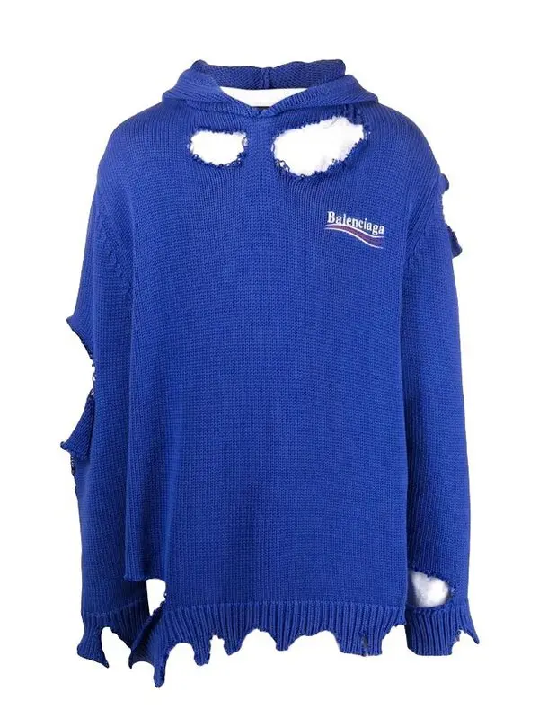 Balenciaga Political Campaign Destroyed Knit Hoodie - Blue